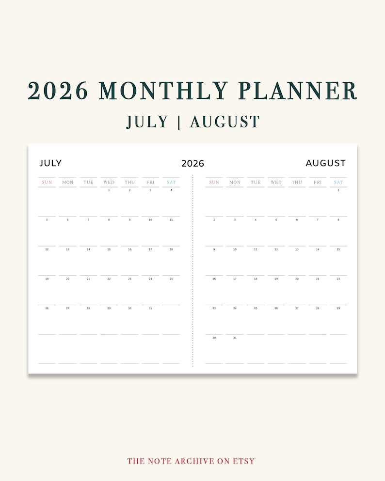 2026 Monthly Planner Printable PDF, 2 Months per Page Calendar, A4 & US ...