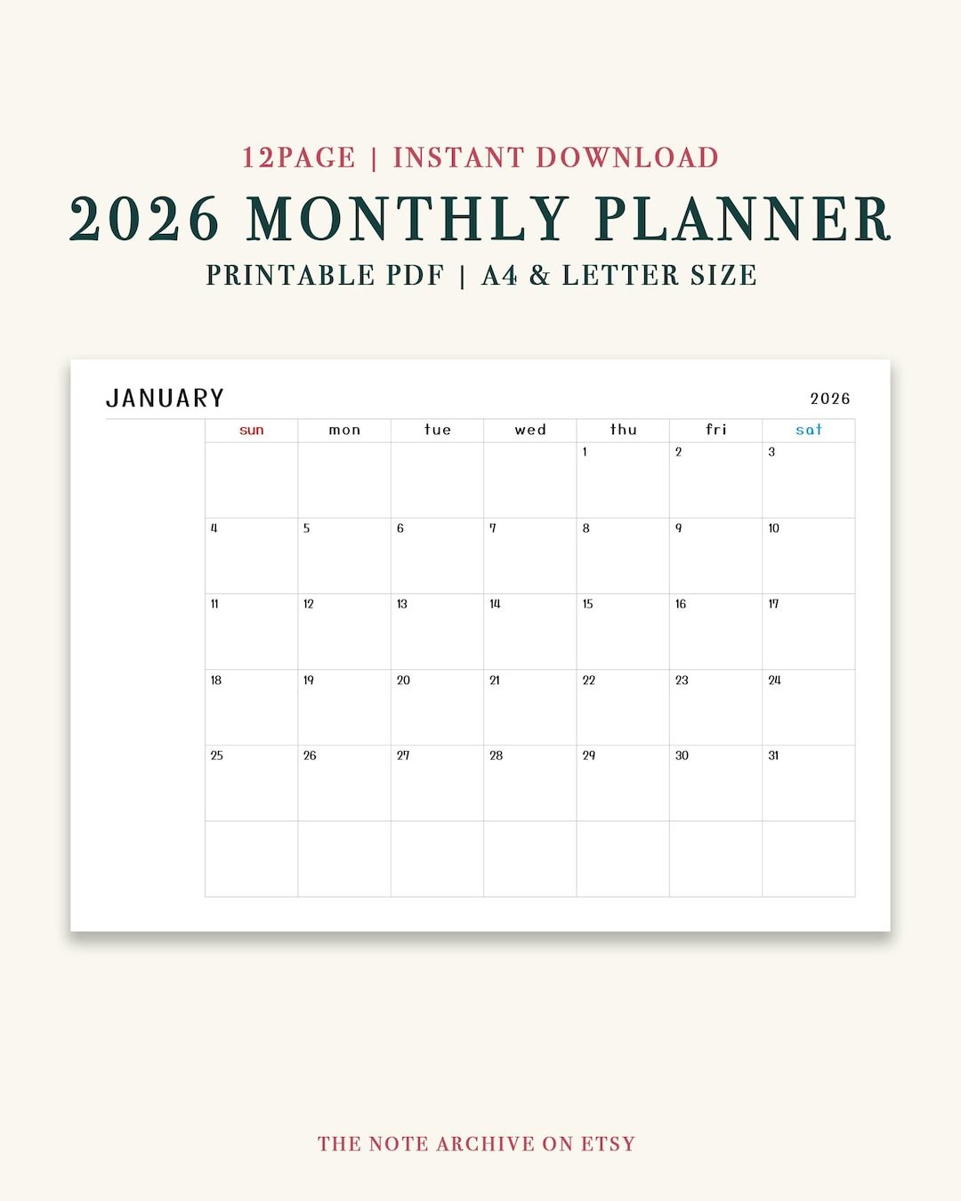 2026 Monthly Planner Printable, Minimalist Calendar (PDF) - Etsy
