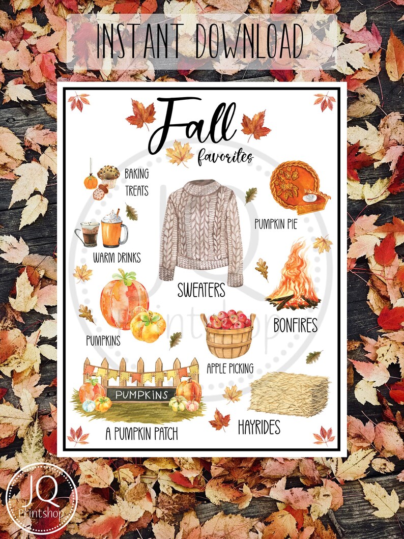 Printable Fall Art, Fall Favorites Art Print, Fall Theme Wall Art ...