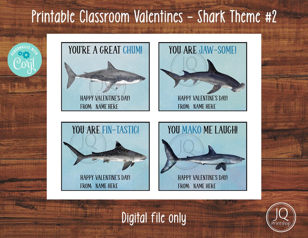 Printable Classroom Valentines, Shark Theme Valentine's Day Cards, Kids ...