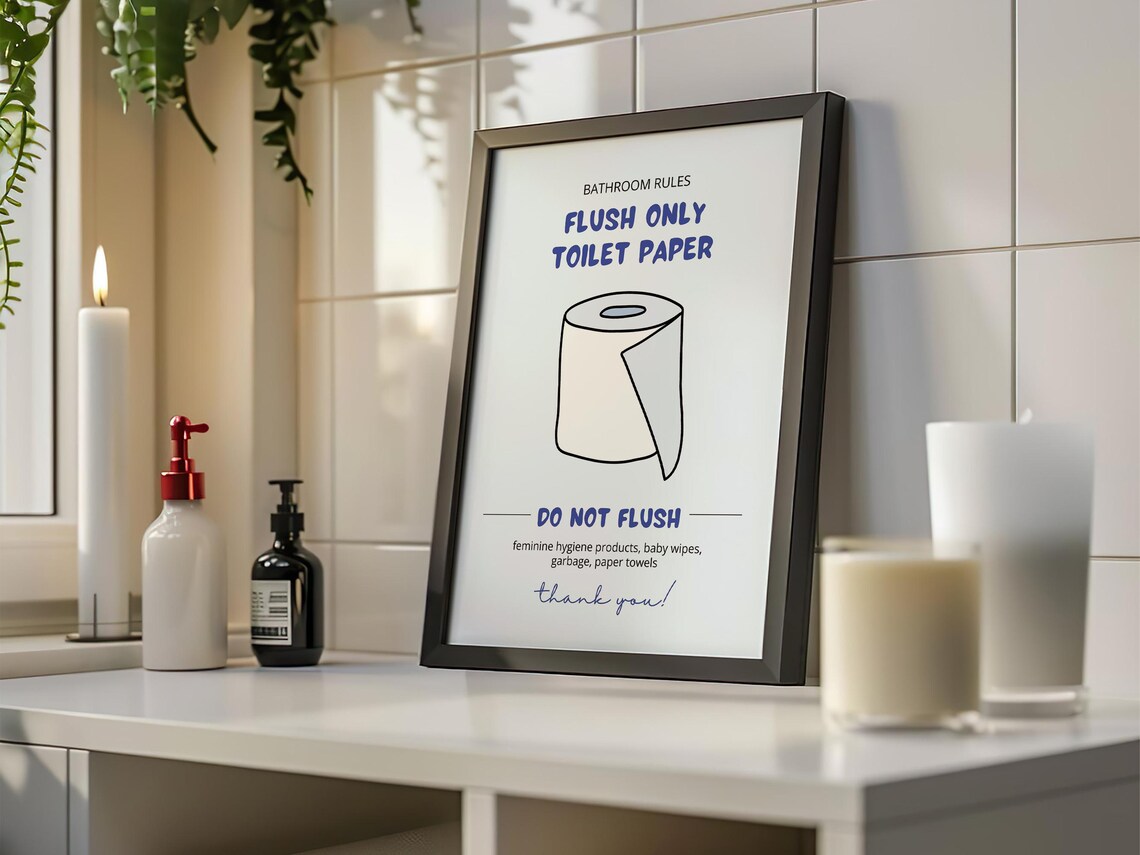 Cute Flush Only Toilet Paper Bathroom Sign, WC Sign, Sensitive Plumbing ...