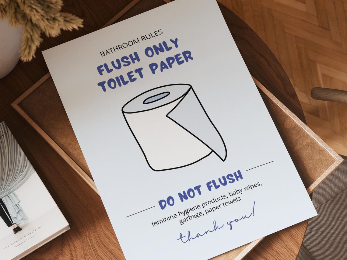 Cute Flush Only Toilet Paper Bathroom Sign, WC Sign, Sensitive Plumbing ...