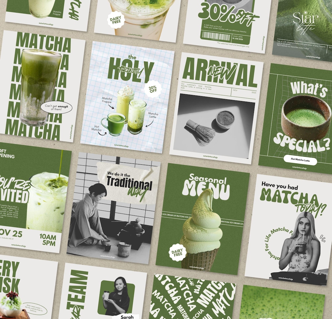 50 Matcha Instagram Feed Template | Editable Carousel Canva Template ...