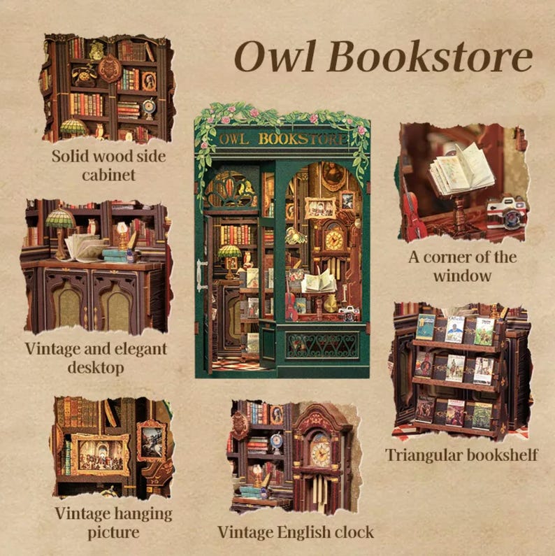DIY Owl Bookstore Book Nook Kit | Miniature Bookshop Shelf Insert ...