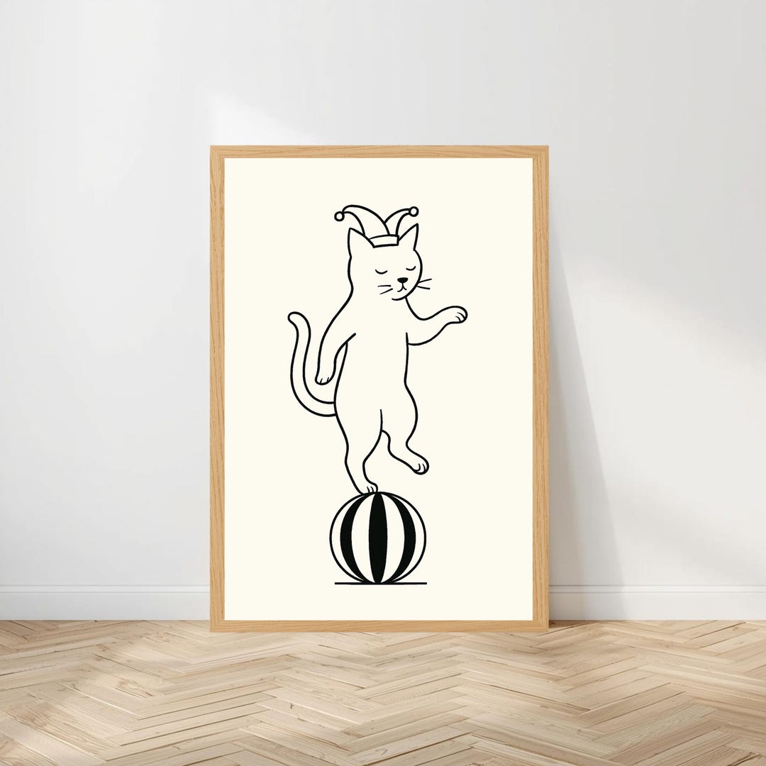 Jester Cat Line Art Print, Balancing Circus Cat Poster, Quirky ...