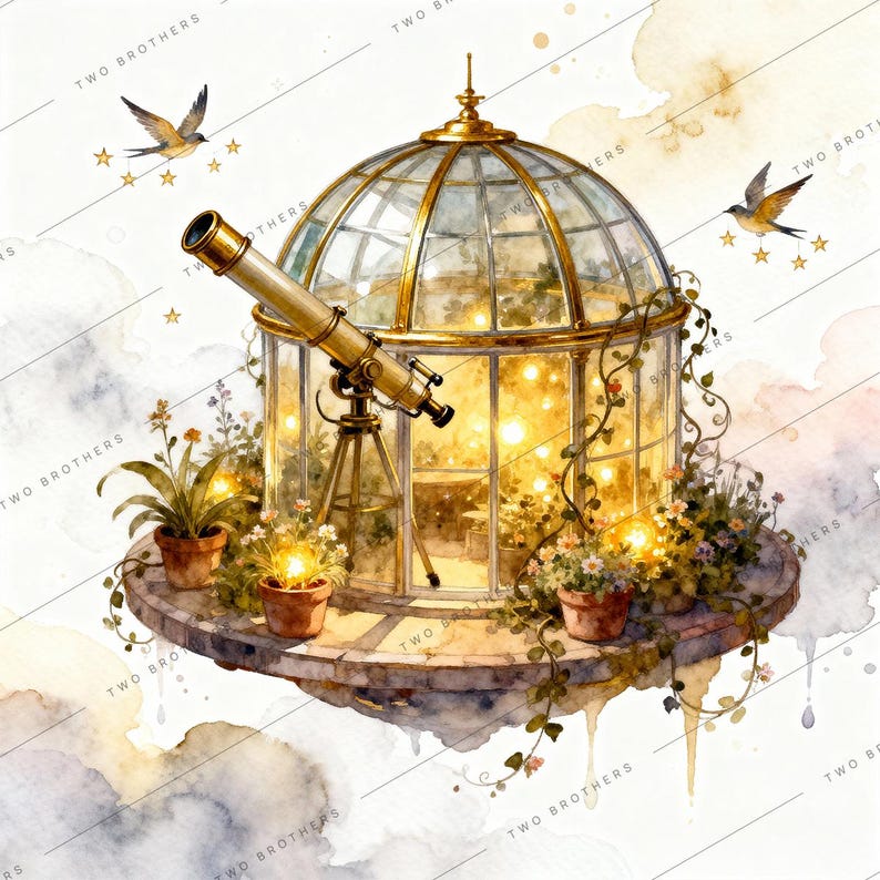 Magical Floating Observatory Watercolor Print – Digital Stargazing Art ...