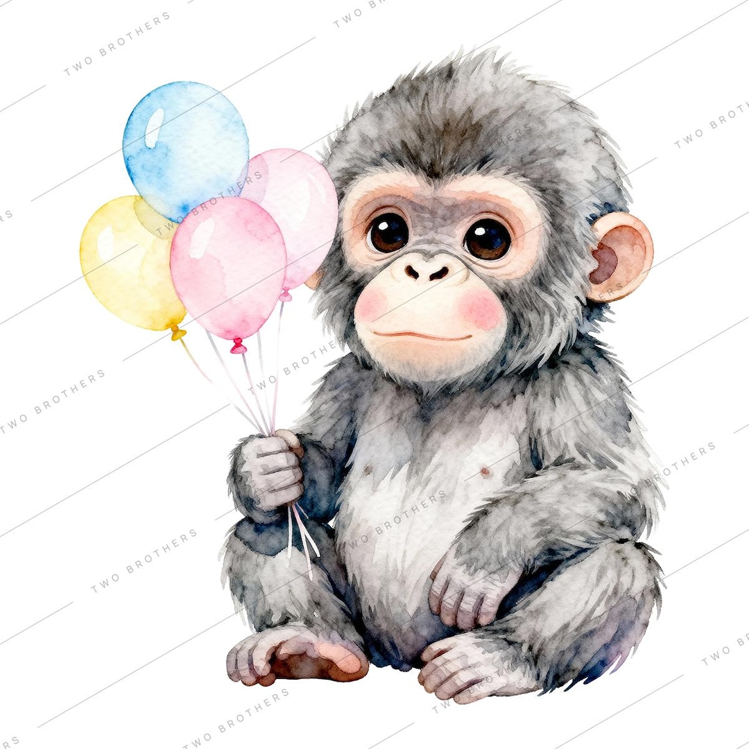 Watercolor Baby Monkey Clipart PNG | Cute Jungle Animal Art | Pastel ...