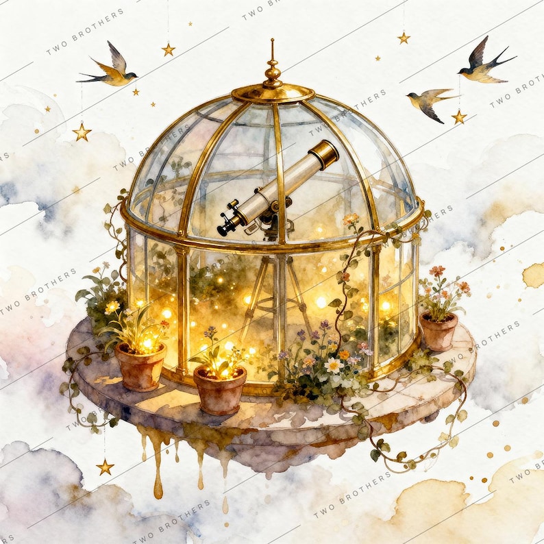 Magical Floating Observatory Watercolor Print – Digital Stargazing Art ...