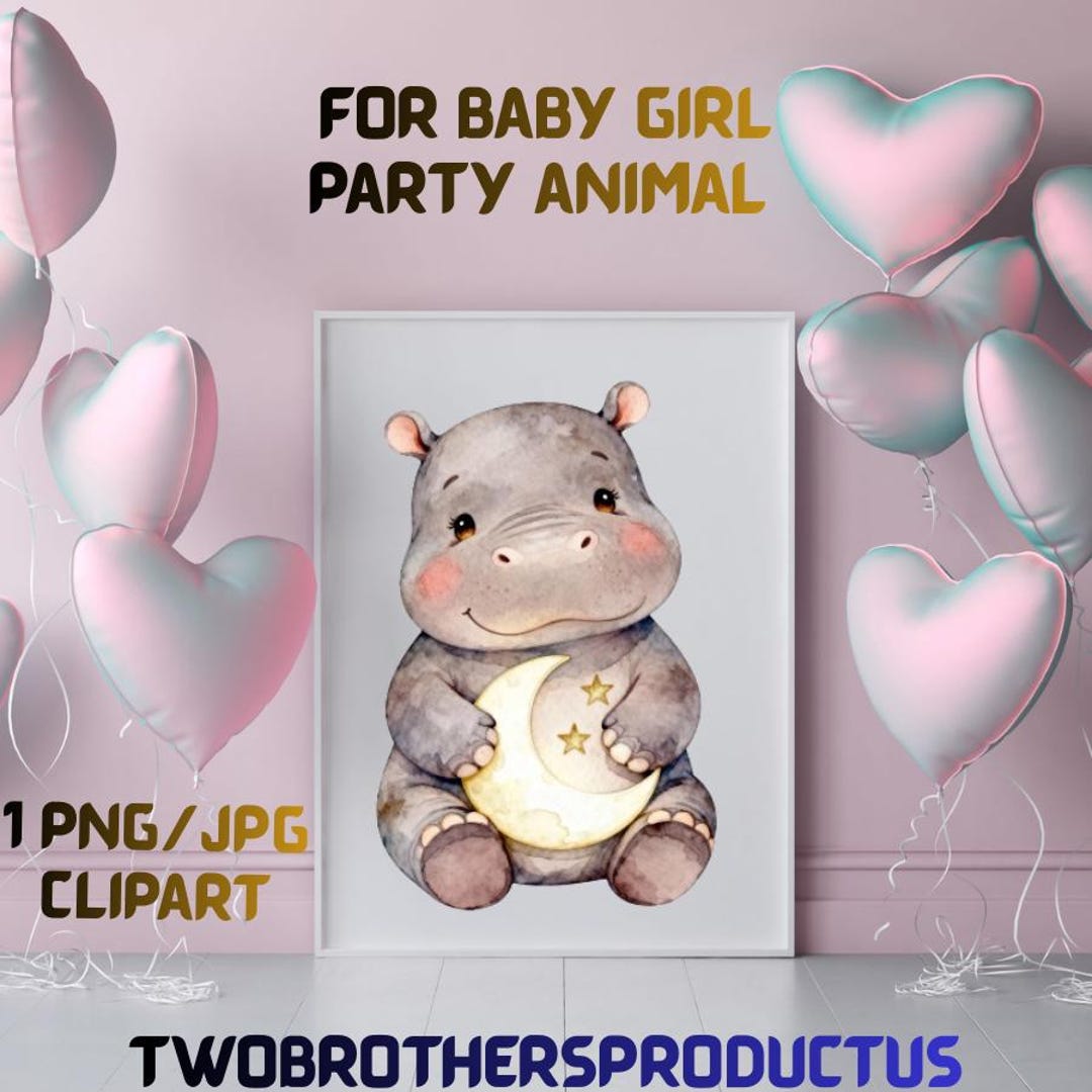 Watercolor Baby Hippo Clipart | Moon & Stars, Nursery Art (PNG Digital ...