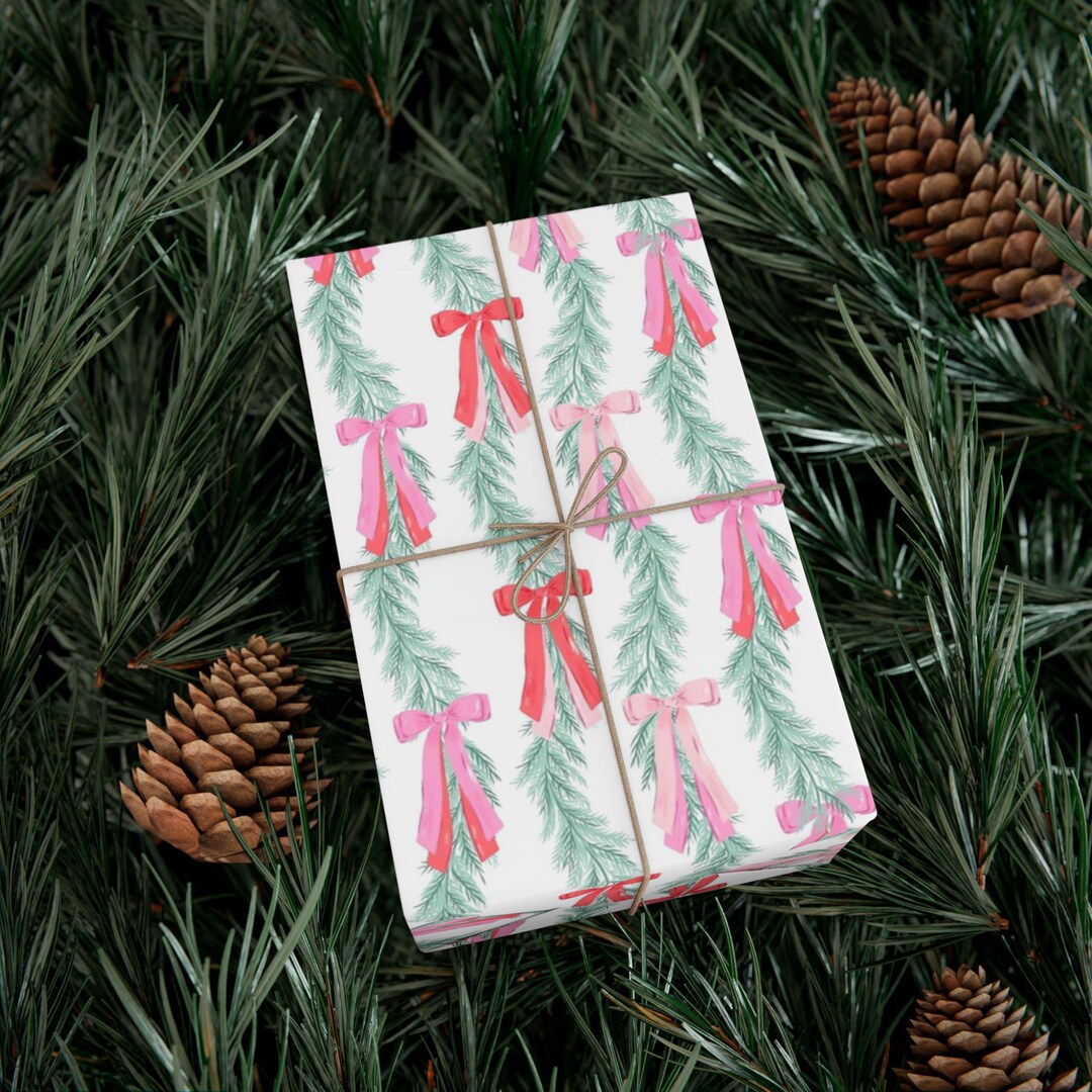 Watercolor Pine Sprigs With Pink Bows Gift Wrap - Etsy