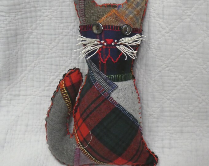 Red Wool Plaid Cat Pillow Hand Sewn 13"x9" Primitive Folk Art Small ...