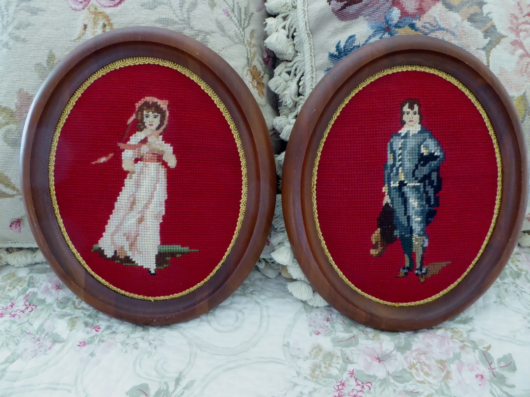 Vintage Pinkie & Blue Boy Needlepoint Petit Point Oval Dark in Gorgeous ...