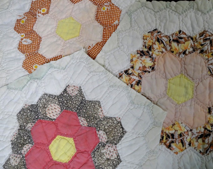 Antique Quilt Pc Hexigon Pieced Tiny Stars 19x30 Elongated Hexi Block ...