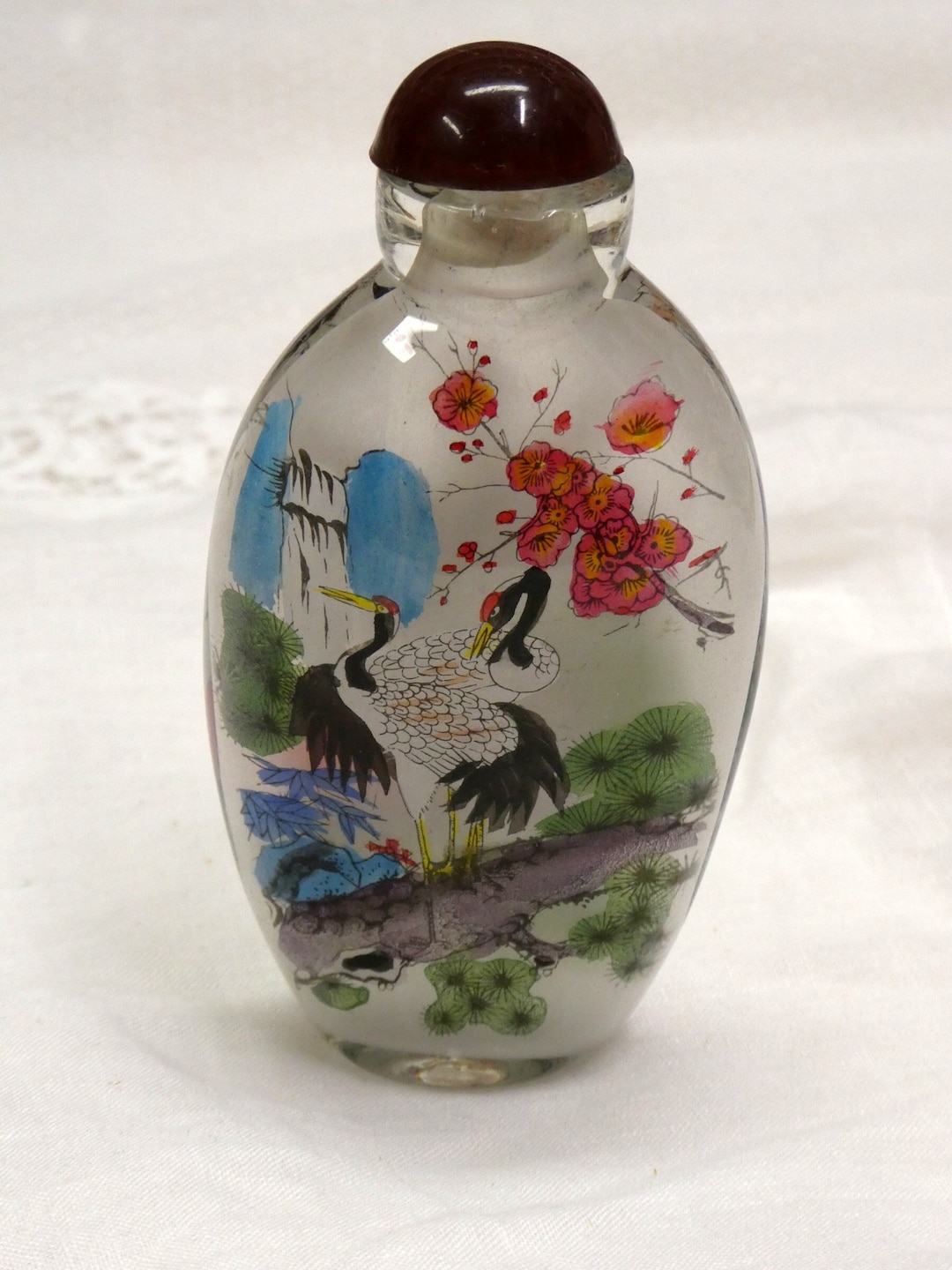 Vintage Chinese Reverse Painted Glass Snuff Perfume Bottle Heron Double ...
