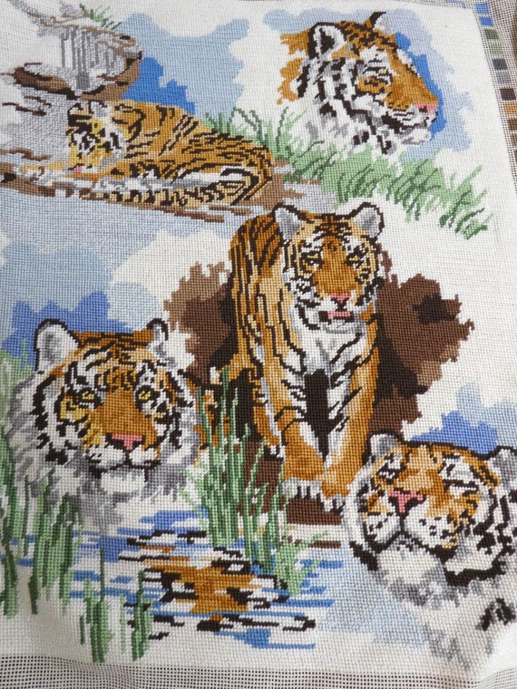 Vintage Bengal Tiger Needlepoint Finished Completed | Etsy