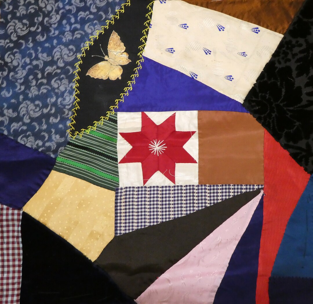 16" Antique Crazy Quilt Piece 16"x16" Black Red Blue Silk Satin Painted ...