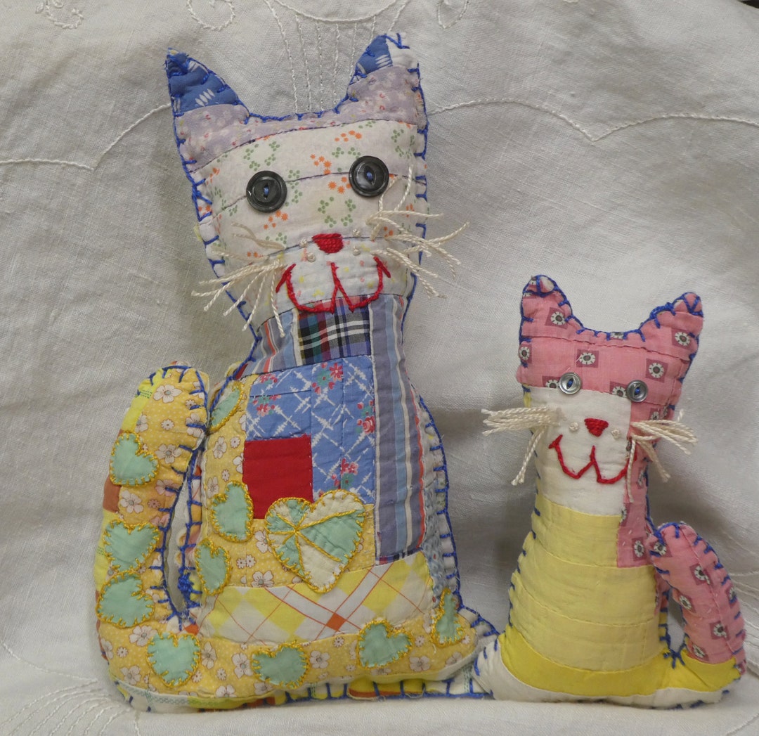 Vintage Blue Yellow Cat OR Kitten Pillow Doll Handmade 8.5x12.5 5x8 ...