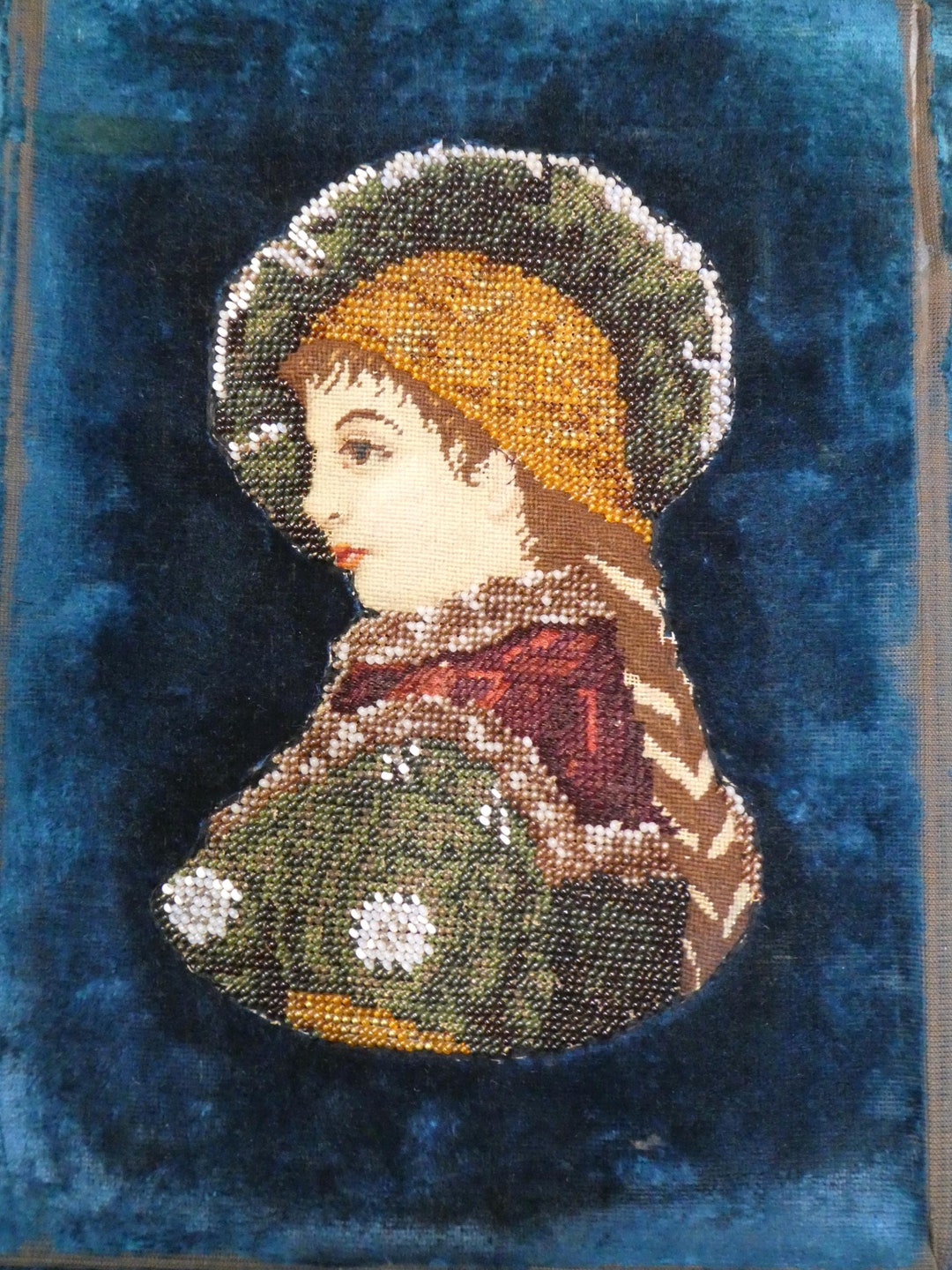 Antique St Joan of Arc on Velvet in Tiny Glass Beads and Petite Point ...