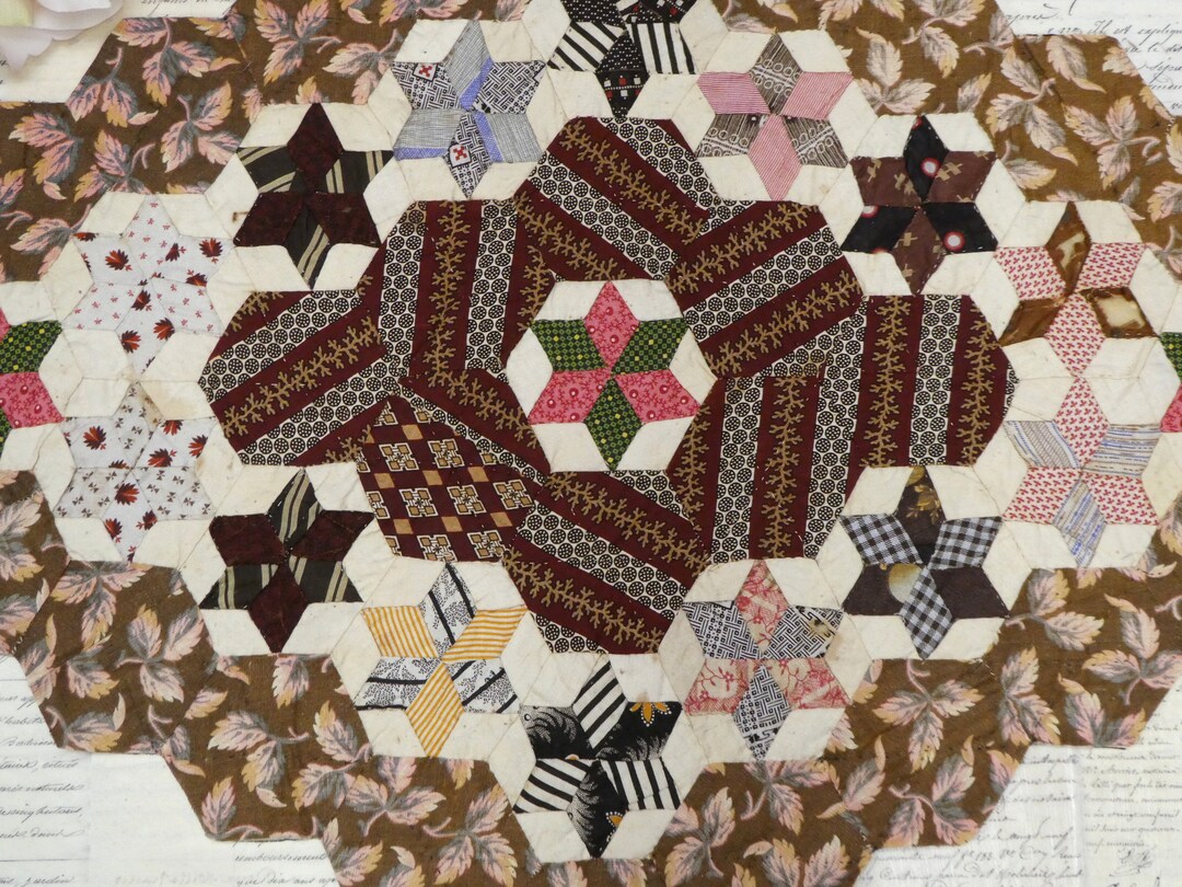 Antique Quilt Pc Hexigon Pieced Tiny Stars 19x30 Elongated Hexi Block ...