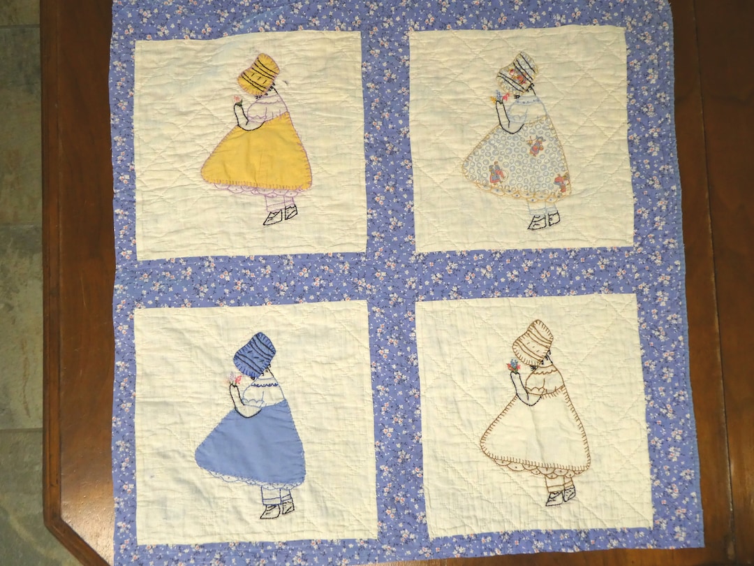 Vintage Prairie Bonnet Girl Quilt Block 26"x27" 1940s Blue Bonnet Girl ...