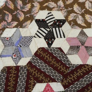 Antique Quilt Pc Hexigon Pieced Tiny Stars 19x30 Elongated Hexi Block ...