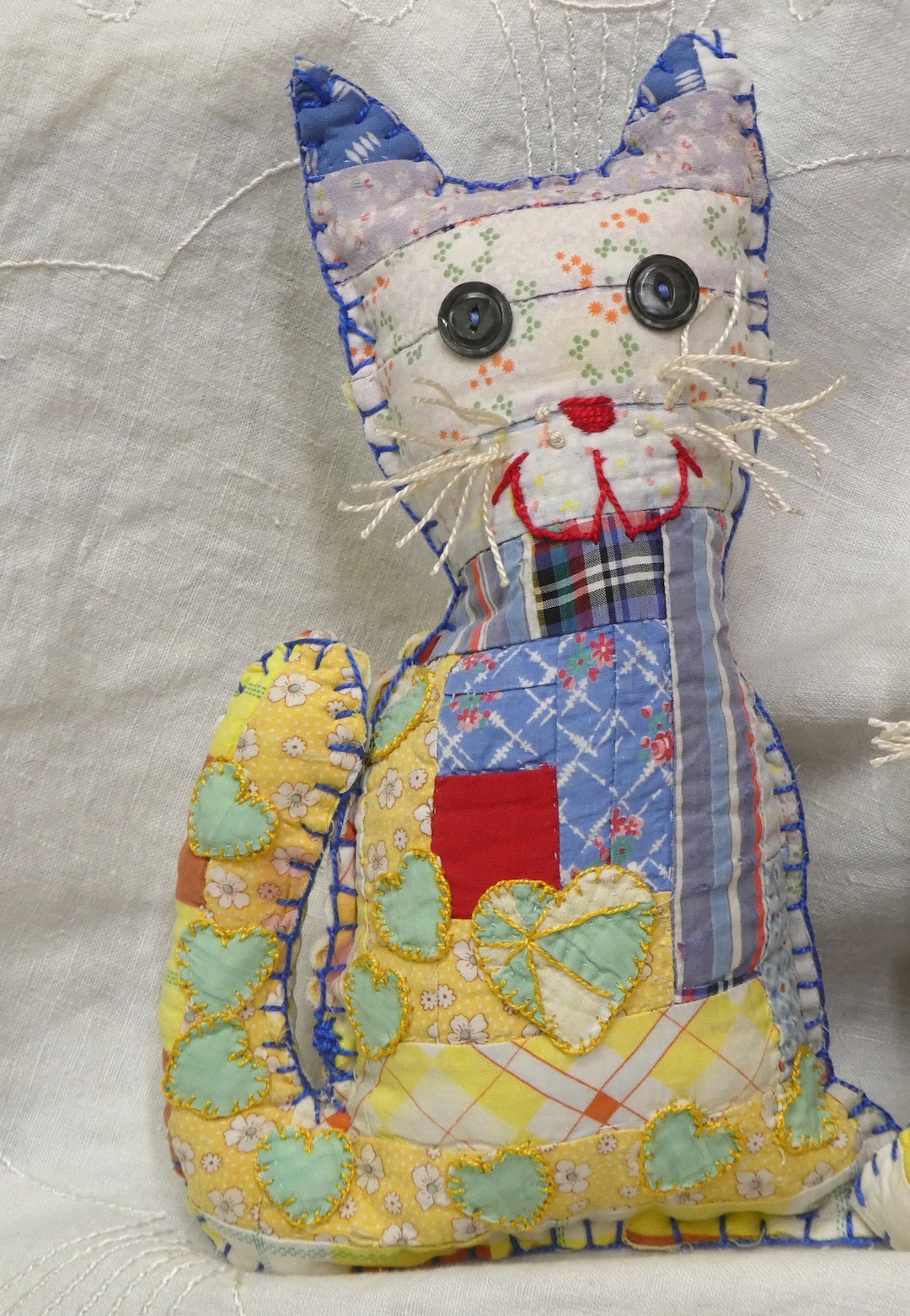 Vintage Blue Yellow Cat Pillow Doll Handmade 8.5"x12.5" Primitive Folk ...