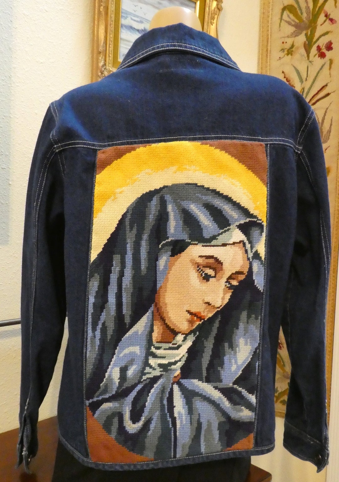 Our Lady Denim Jacket: Vintage Needlepoint Madonna Art, Reworked Jean ...