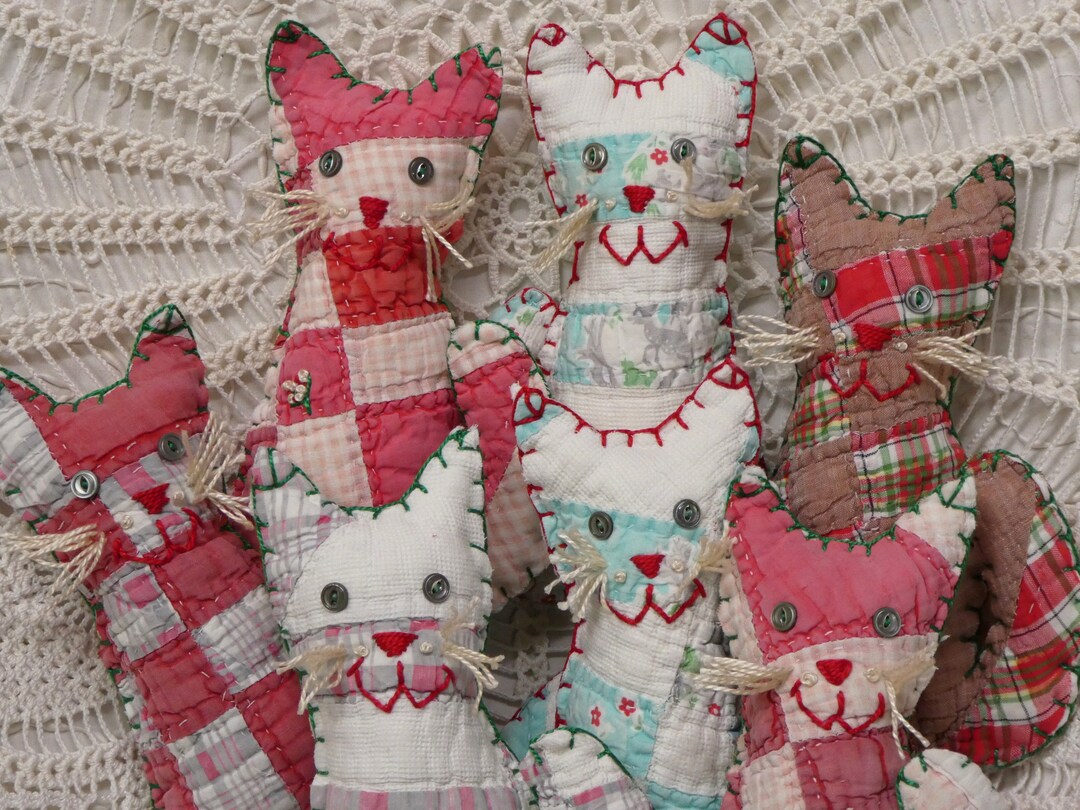Kitten Pillow Dolls Vintage Quilt Hand Stitched 4.5x8.5 Primitive Folk ...
