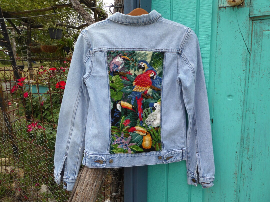 Tropical Birds Denim Adult Jacket Wearable Art, Birds Needlepoint ...