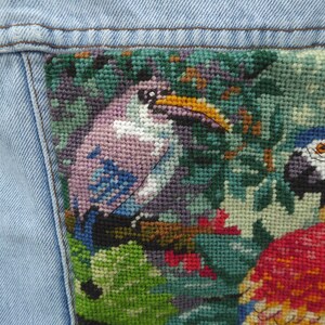 Tropical Birds Denim Adult Jacket Wearable Art, Birds Needlepoint ...