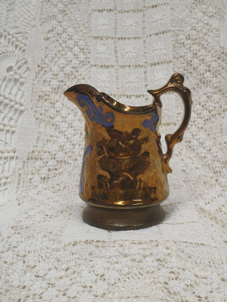 GOLD Luster Pitcher With Dancers and Blue Paint Medium Size 5.75" Made ...