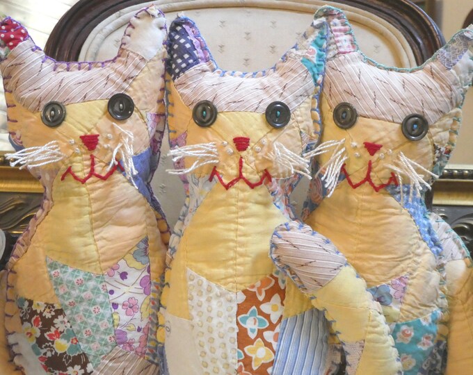 Vintage Sunrise Quilt Cat Pillow Doll Handmade 12.5x9 Primitive Folk ...