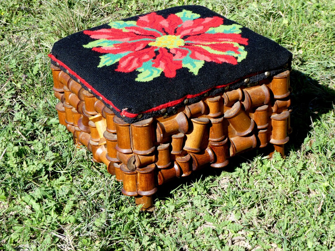 Poinsettia Needlepoint Footstool Homemade Sewing Box With Thread Spools ...