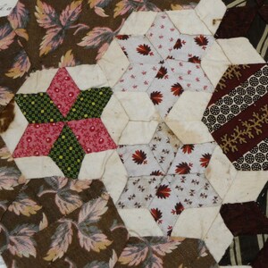 Antique Quilt Pc Hexigon Pieced Tiny Stars 19x30 Elongated Hexi Block ...