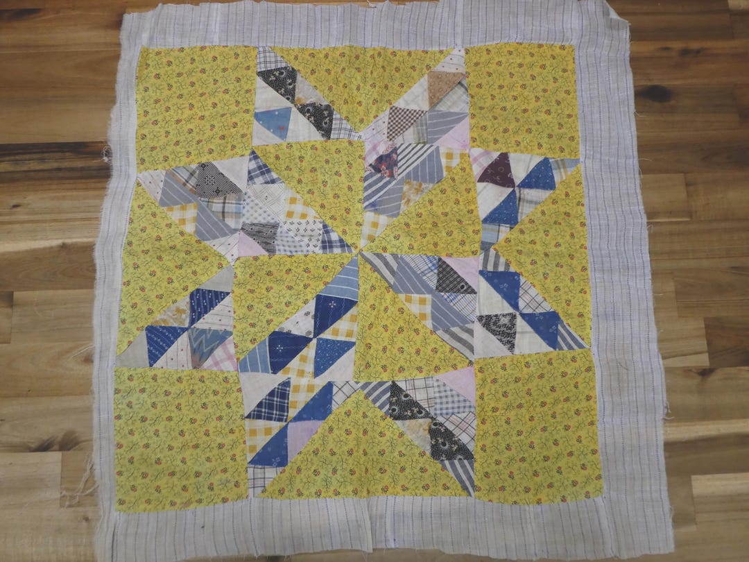 1910's STAR Quilt Piece Remnant, Yellow & Blue 8pt String STAR Quilt ...