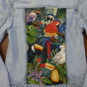 Tropical Birds Denim Adult Jacket Wearable Art, Birds Needlepoint ...