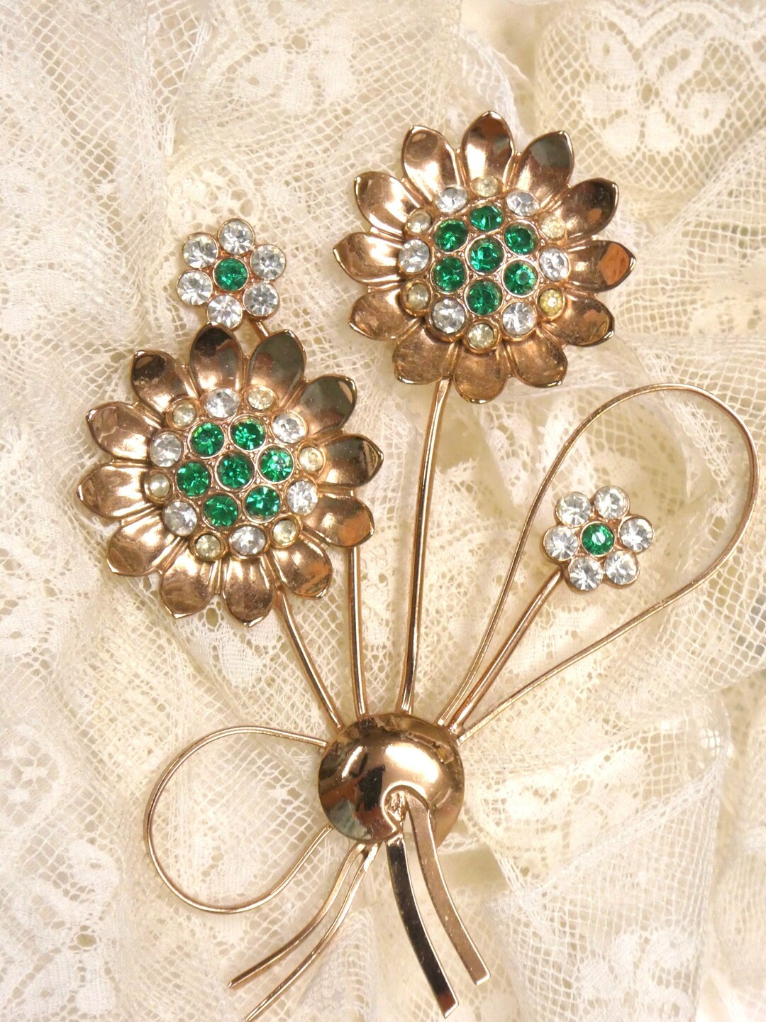 Coro Craft Sterling Brooch Vintage 1940s Green & Clear Rhinestone ...