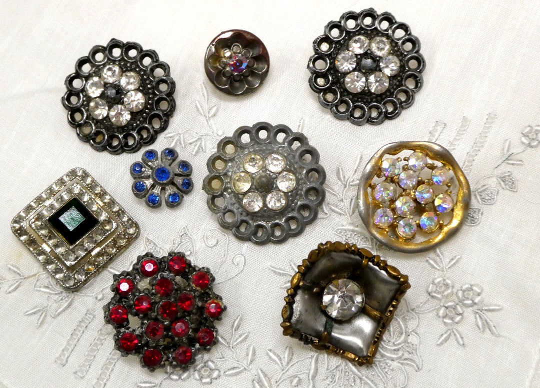 Nine Vintage Rhinestone Buttons Metal Shank Destash Lot Colored ...