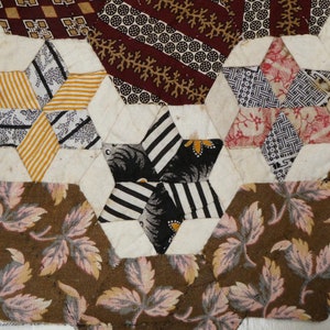 Antique Quilt Pc Hexigon Pieced Tiny Stars 19x30 Elongated Hexi Block ...