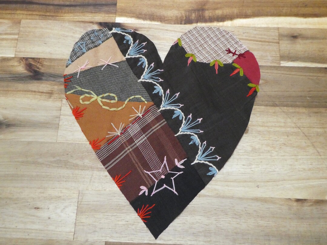 1 Antique Wool Heart 8x9.5 Crazy Quilt Heart Applique From a Time Worn ...