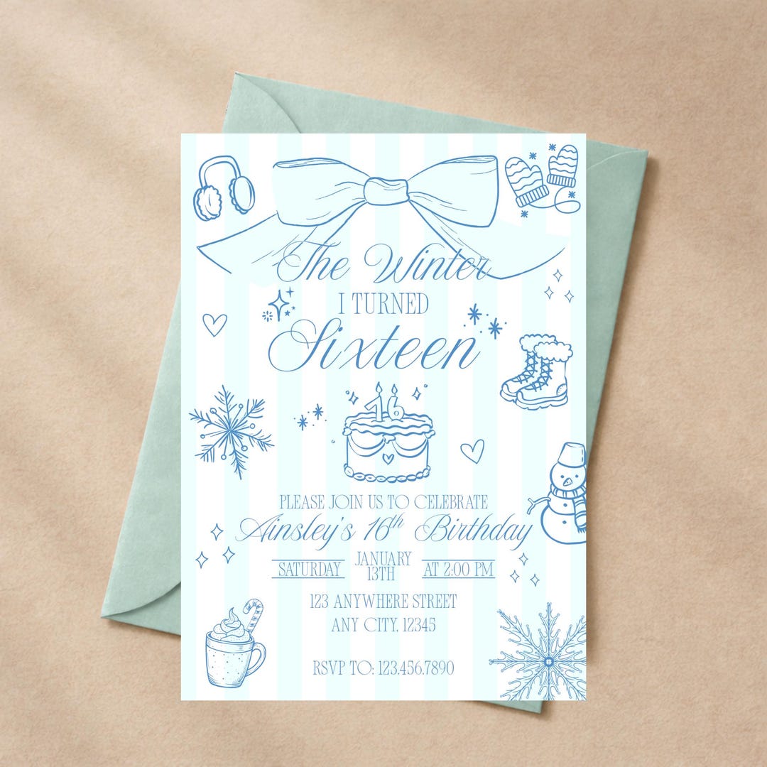 The Winter I Turned..., Blue Winter Birthday Invite, Elegant Winter ...