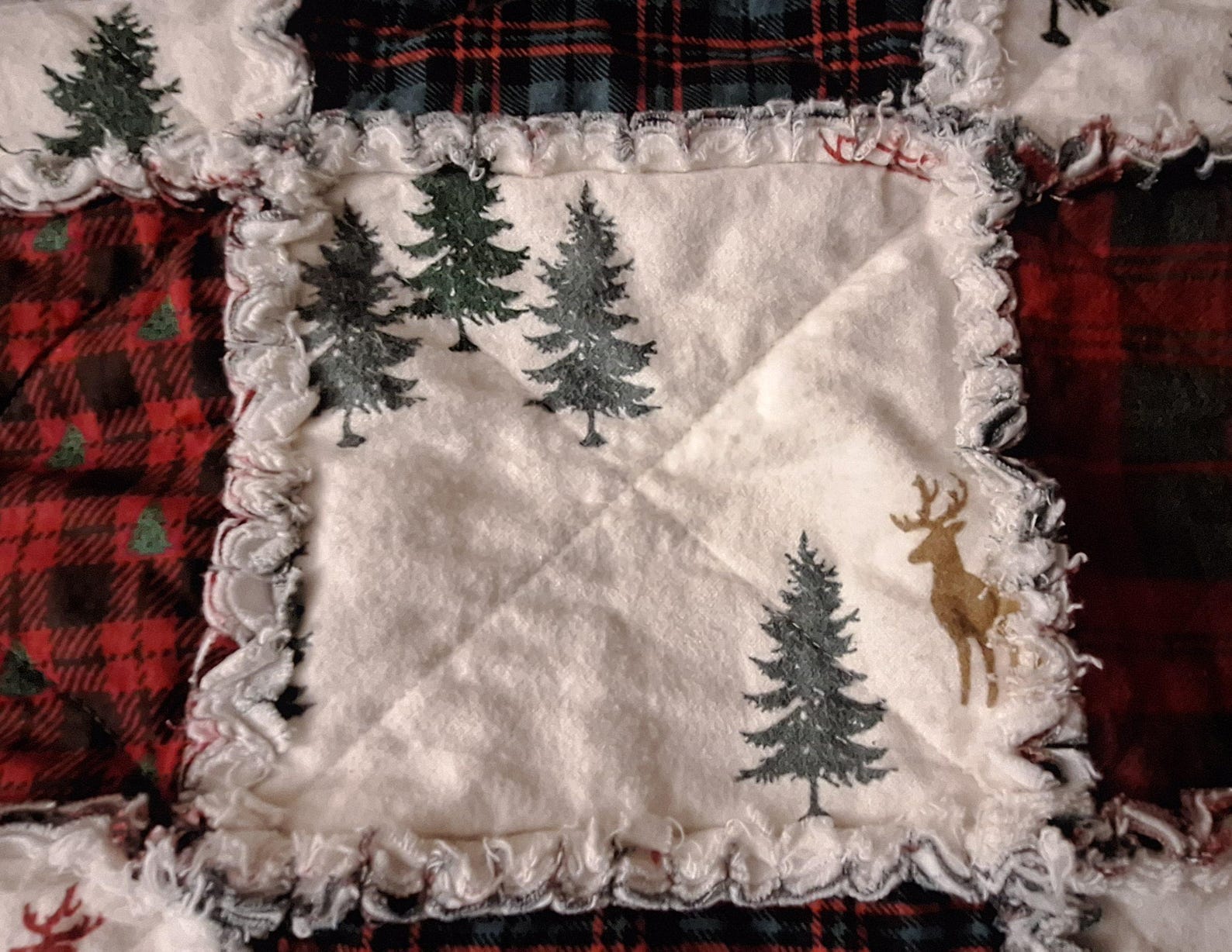 Handmade Christmas Plaid Rag Quilt – Santa and Reindeer Blanket (41x41 ...