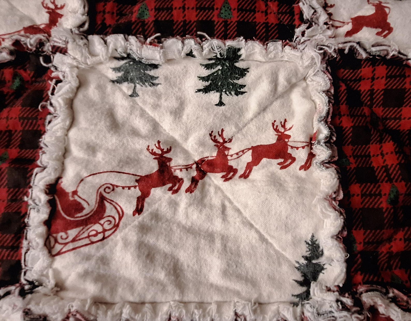 Handmade Christmas Plaid Rag Quilt – Santa and Reindeer Blanket (41x41 ...