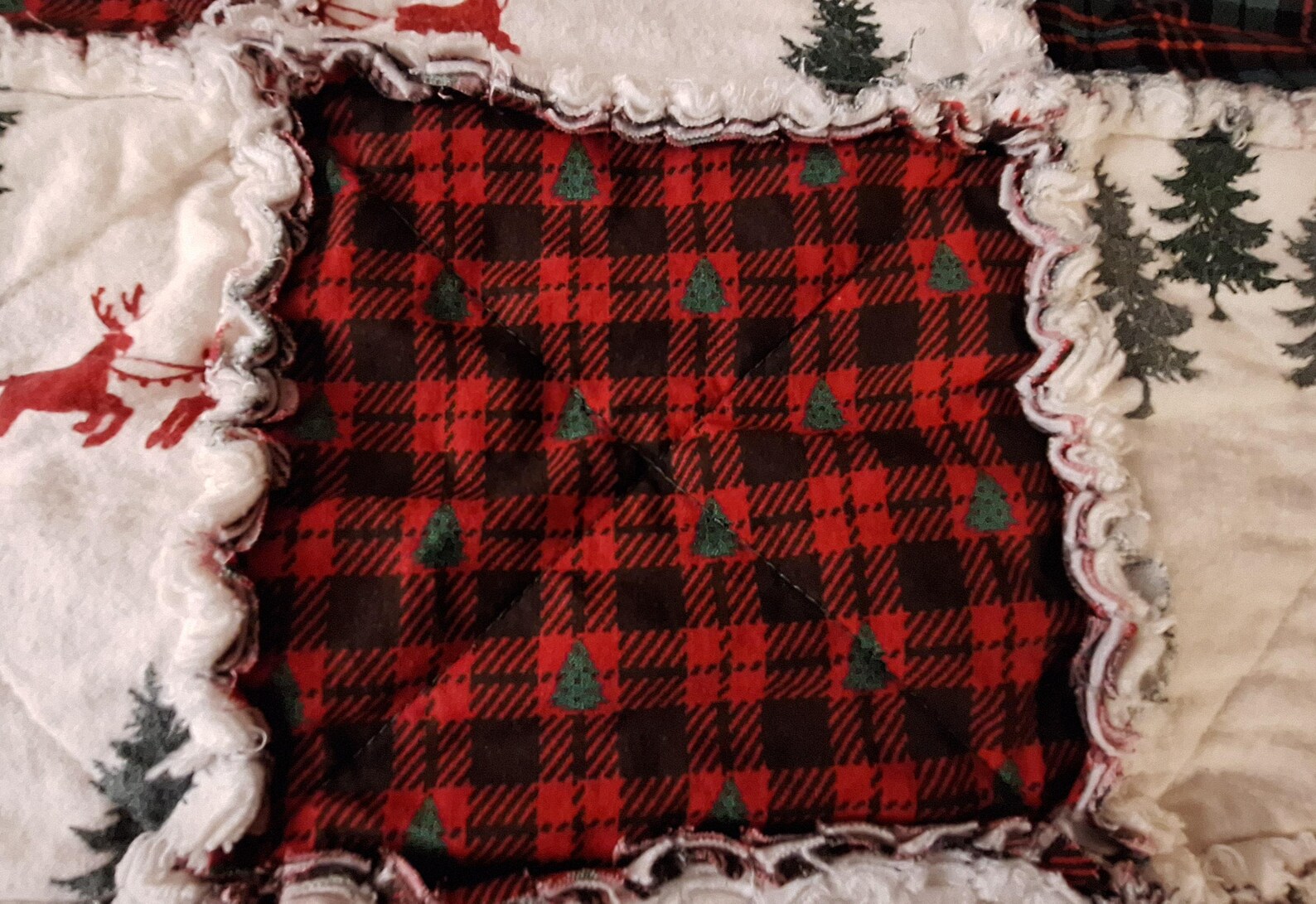 Handmade Christmas Plaid Rag Quilt – Santa and Reindeer Blanket (41x41 ...