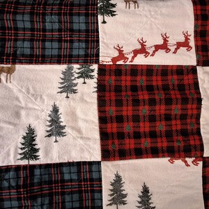 Handmade Christmas Plaid Rag Quilt – Santa and Reindeer Blanket (41x41 ...