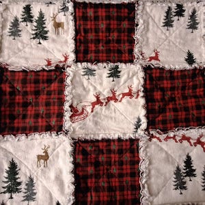 Handmade Christmas Plaid Rag Quilt – Santa and Reindeer Blanket (41x41 ...
