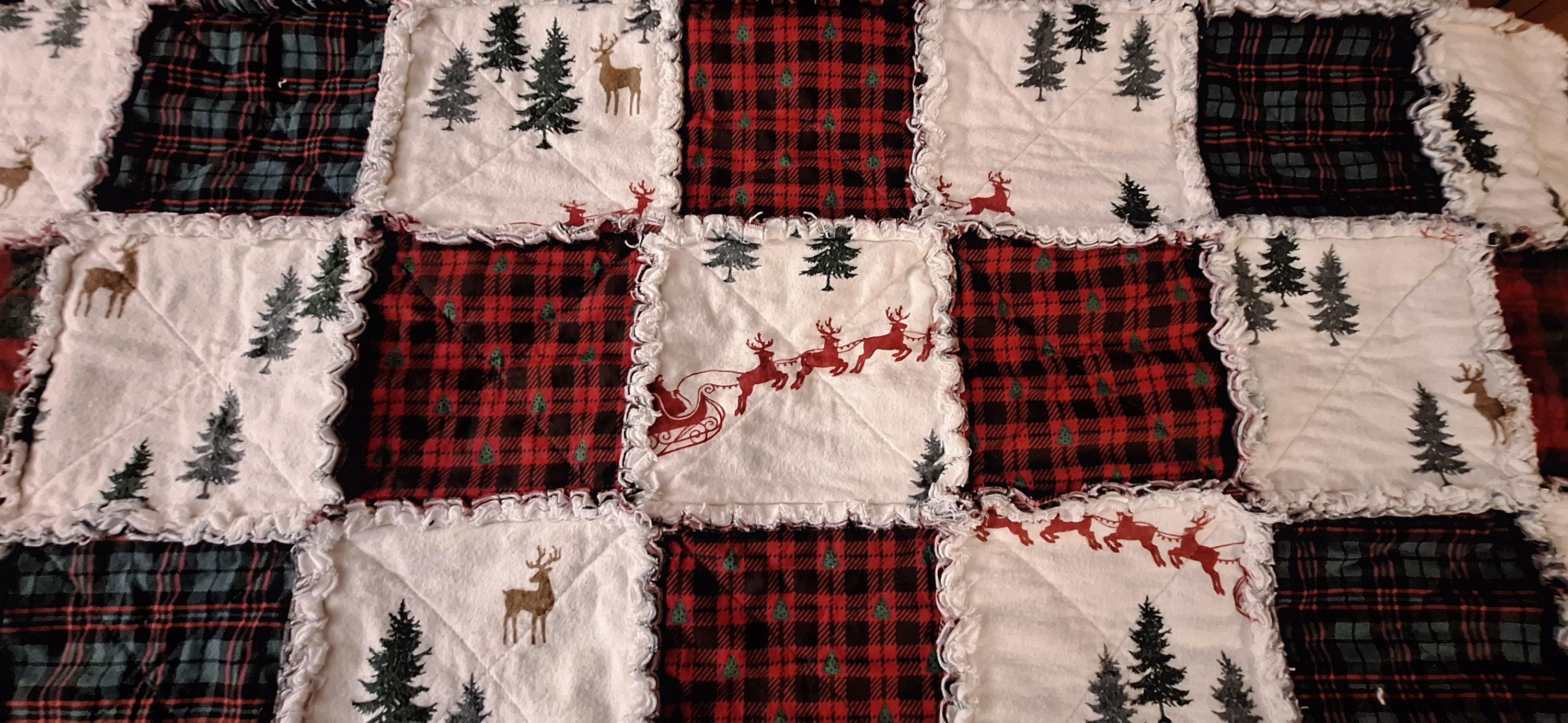 Handmade Christmas Plaid Rag Quilt – Santa and Reindeer Blanket (41x41 ...