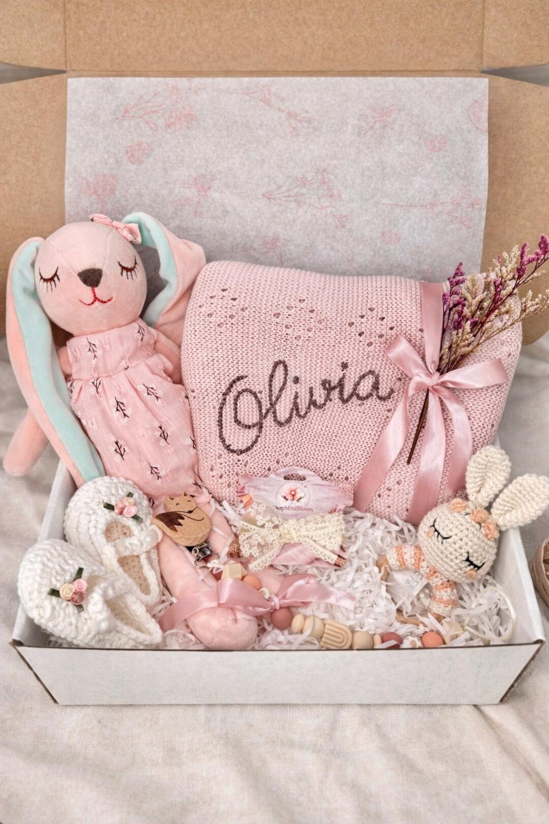 Personalized Baby Gift Box, Hand-embroidered Blanket, Plush Bunny ...