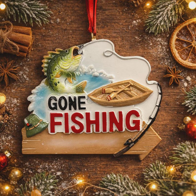 Fisher Ornament | Gone Fishing Sign | Christmas Tree Decor | Rustic ...