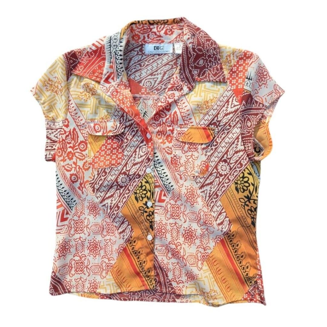 VTG Cali Grown Short Sleeve Button Down Top Women's M Festival Boho ...